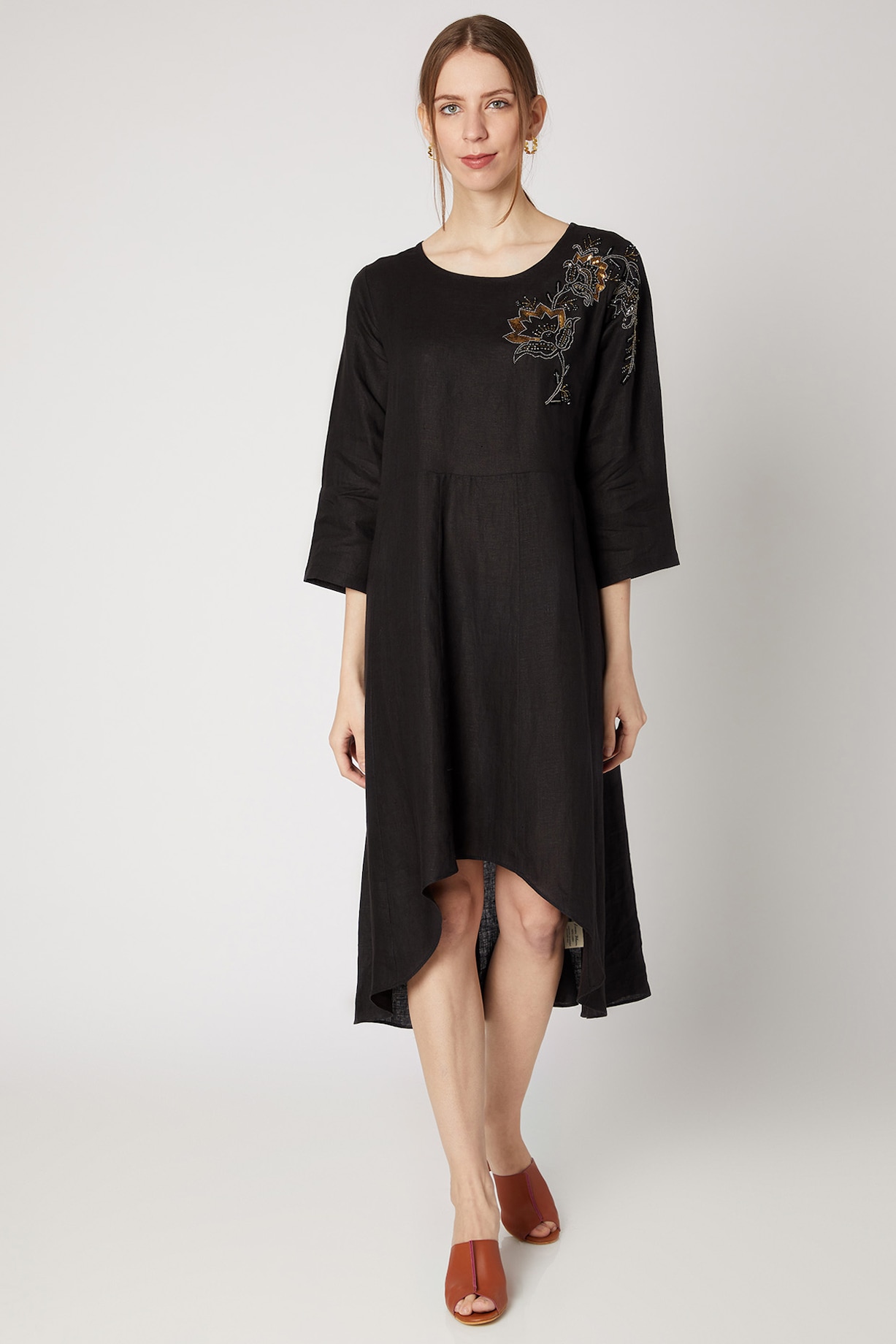 Black Embroidered Linen Tunic by Linen Bloom at Pernia's Pop Up Shop 2024