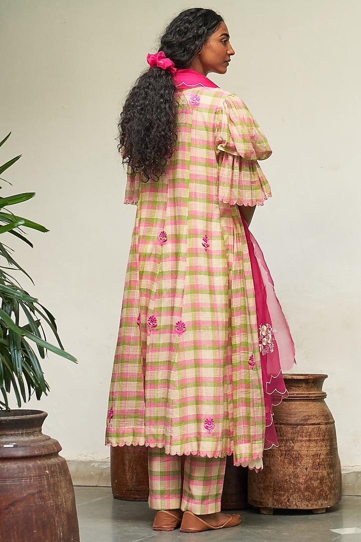Pink & Green Mangalgiri Cotton Mirror Embroidered Checkered Kurta Set ...