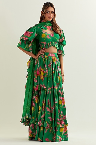 Green Viscose Crepe Silk & Organza Silk Lehenga Set by Label Earthen ...