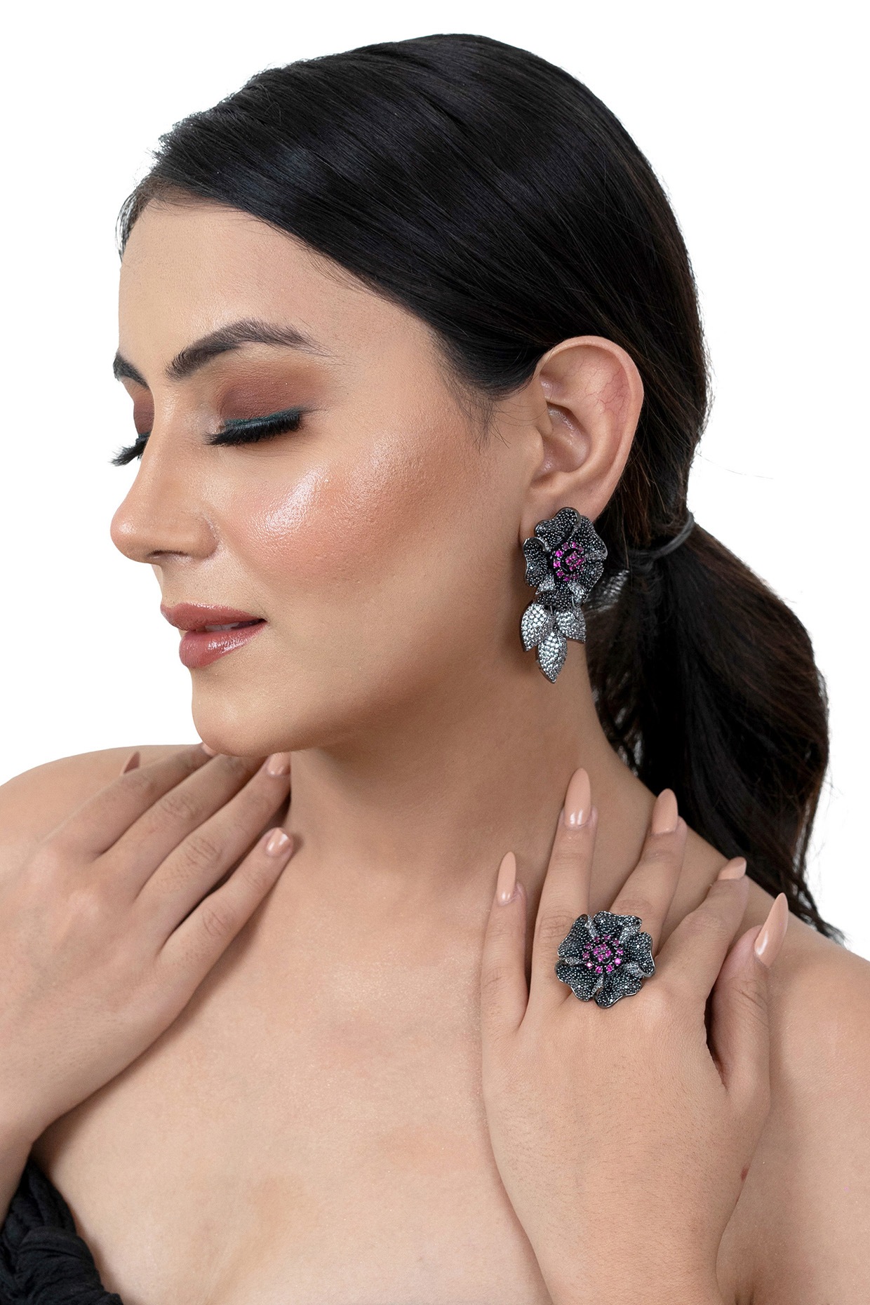 Two Tone Finish American Diamond Floral Dangler Earrings by Lady grace ...