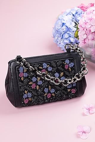 Black Leather Hand Embroidered Structured Potli Bag by The Leather ...