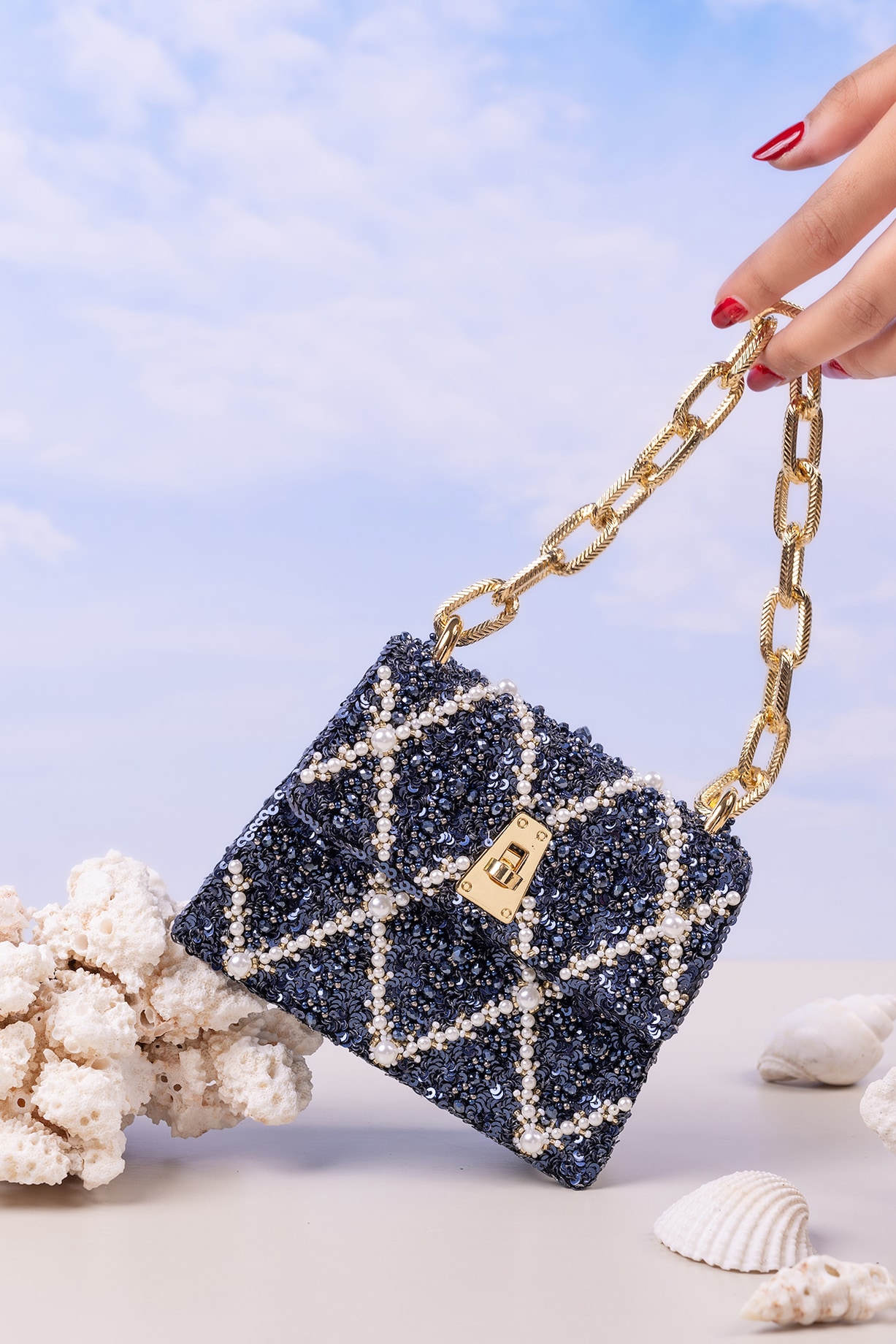 Blue Embellished Mini Bag Design by The Leather Garden at Pernia's Pop ...