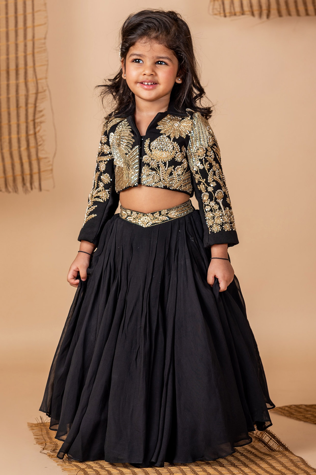 Black Cotton Blend Dori Hand Embroidered Jacket Lehenga Set For Girls ...