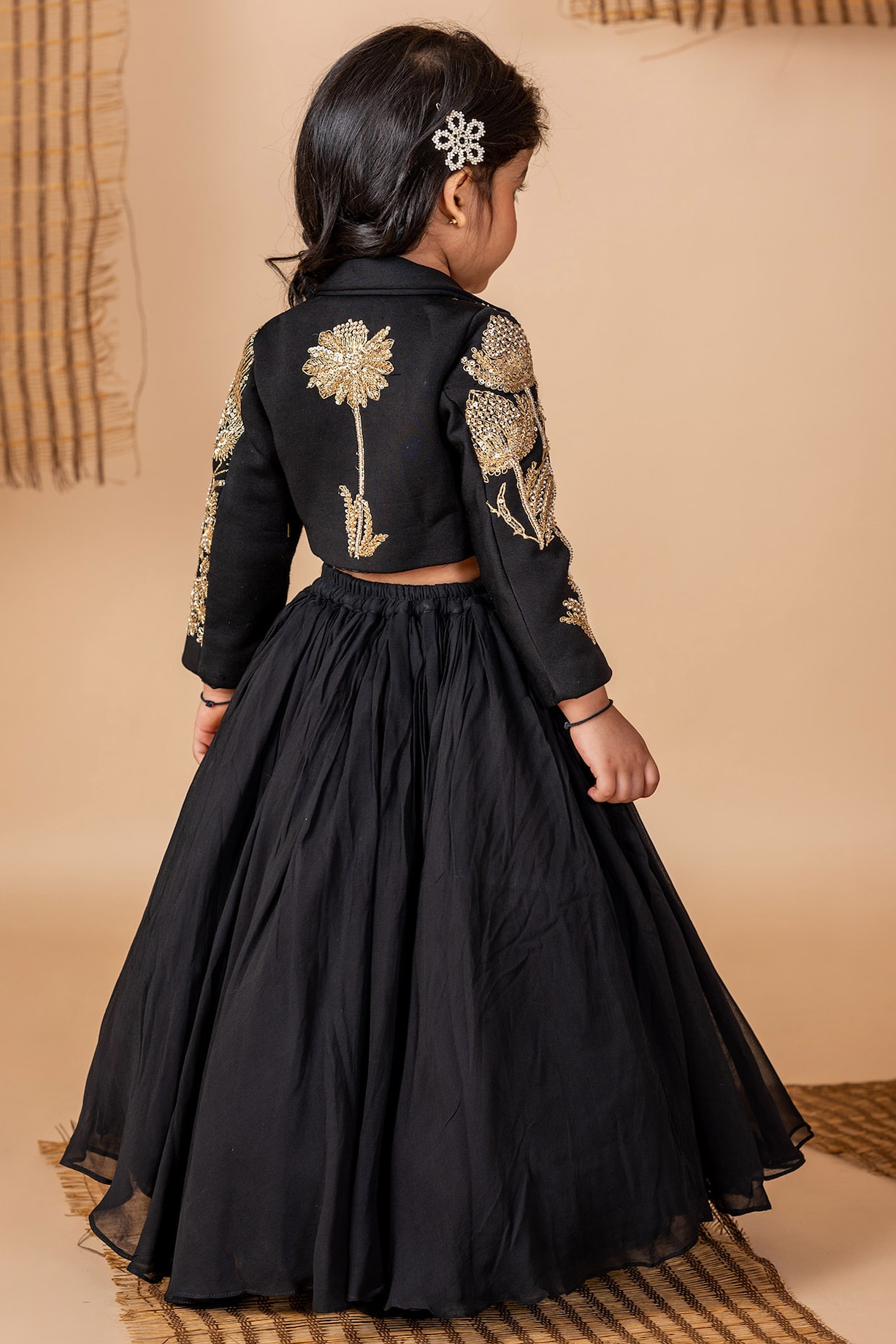 Black Cotton Blend Dori Hand Embroidered Jacket Lehenga Set For Girls ...