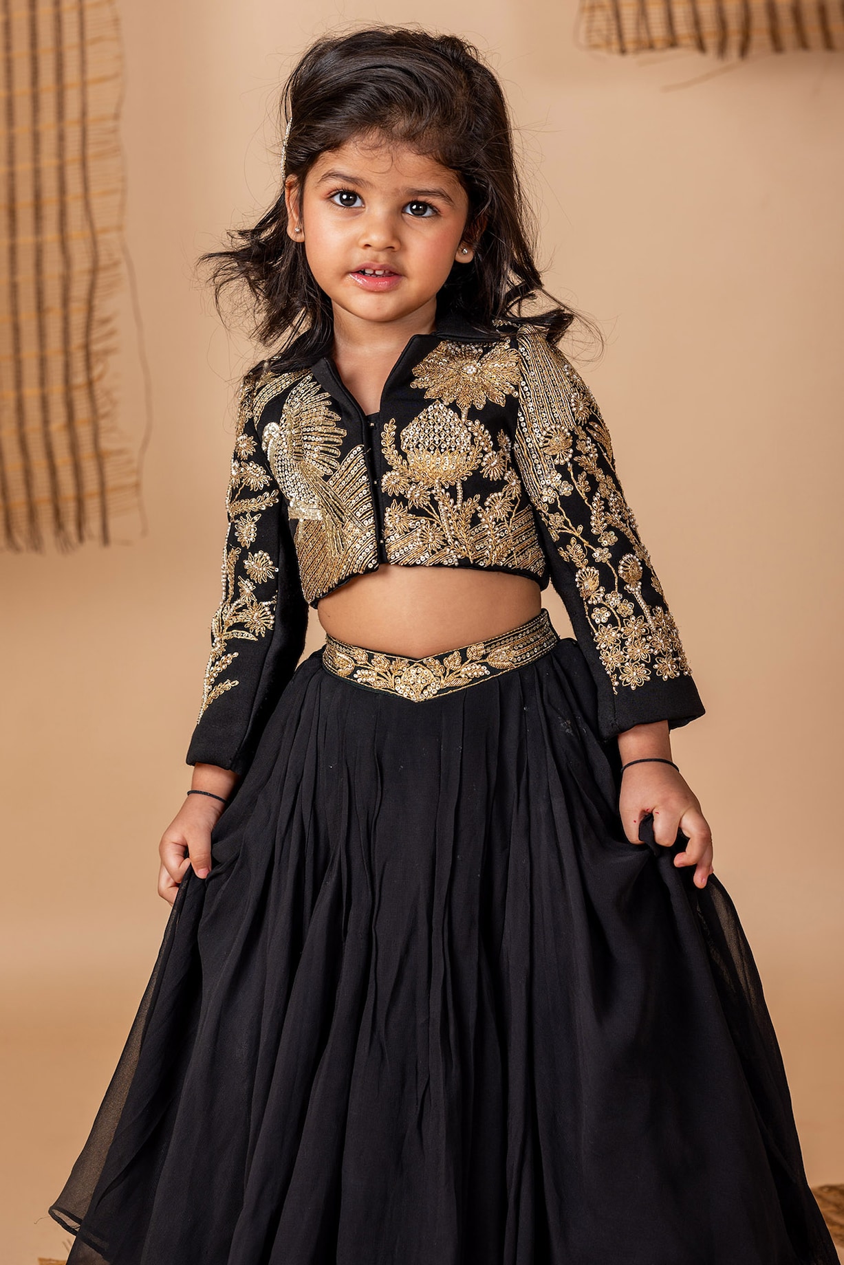 Black Cotton Blend Dori Hand Embroidered Jacket Lehenga Set For Girls ...