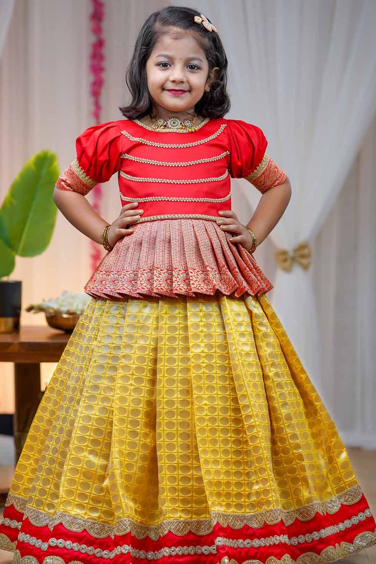 Yellow Taffeta Silk Skirt Set For Girls by Li & Li Boutique at Pernia's ...