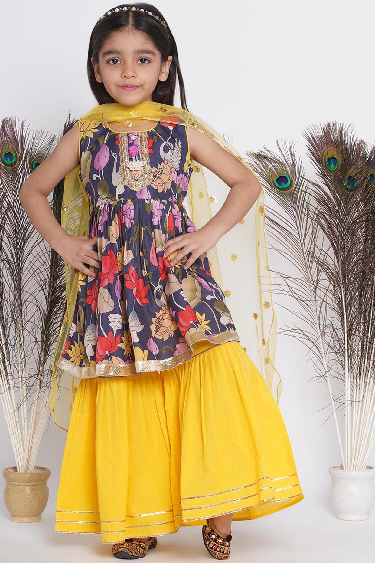Yellow Cotton Silk Embroidered Sharara Set For Girls by Little Bansi at ...