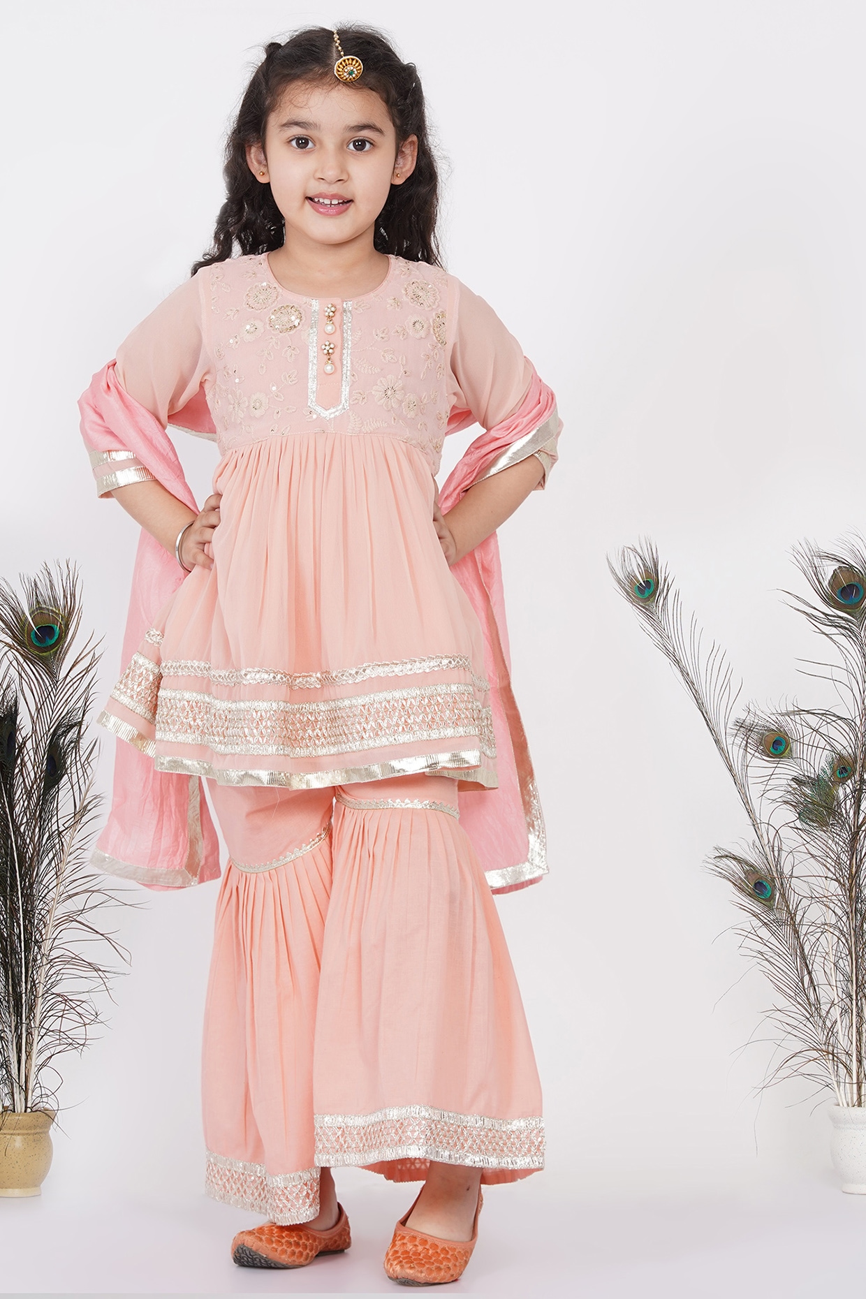 Peach Cotton Sharara Set For Girls by Little Bansi at Pernia's Pop Up ...