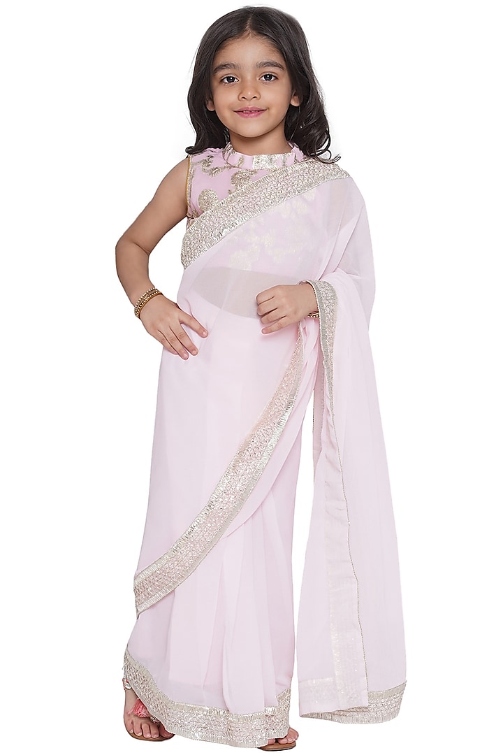 Baby Pink Cotton Lace Embroidered Pre-Stitched Saree Set For Girls by ...