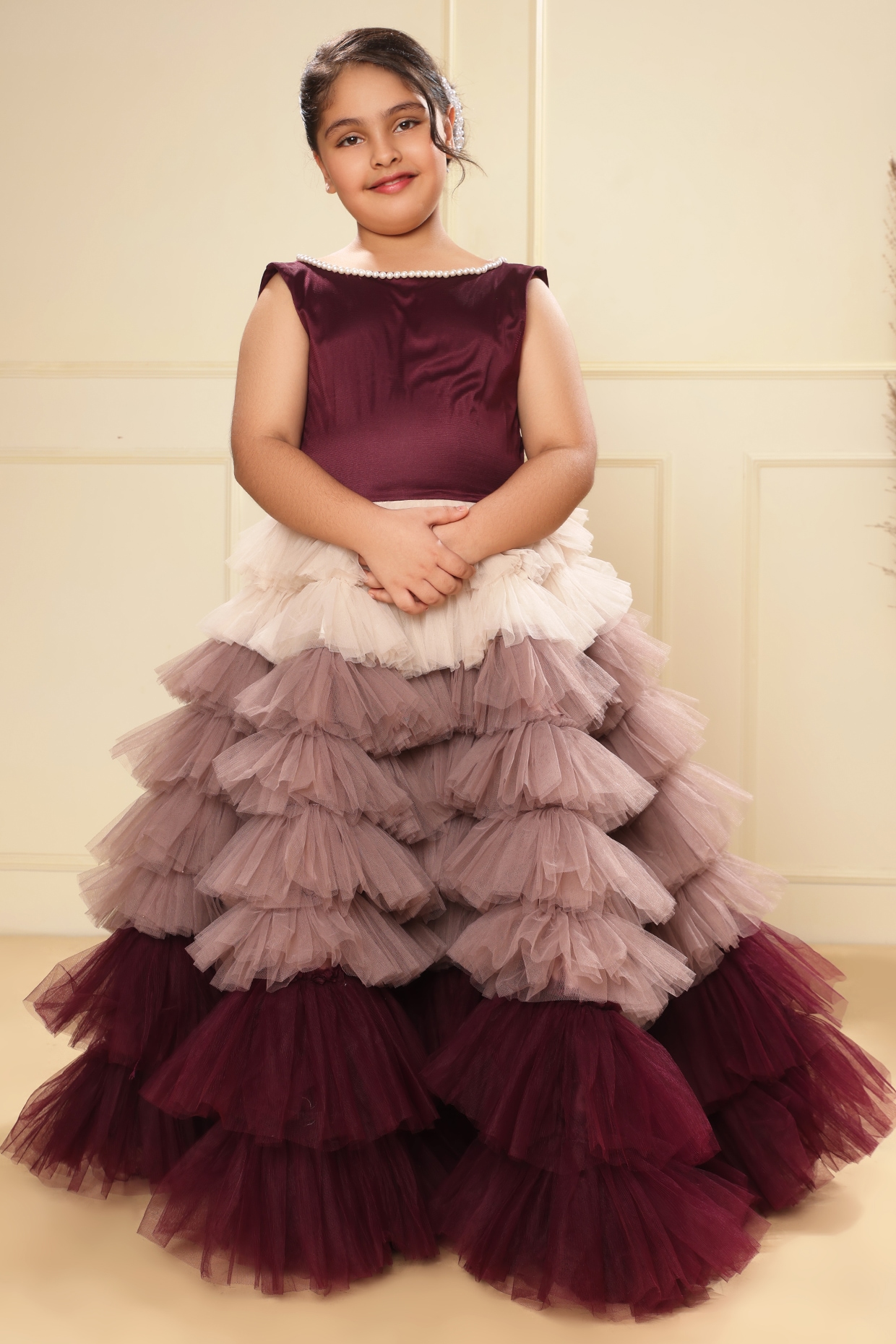Purple Ombre Tulle Pearl Strings Tiered Gown For Girls by LittleCheer ...