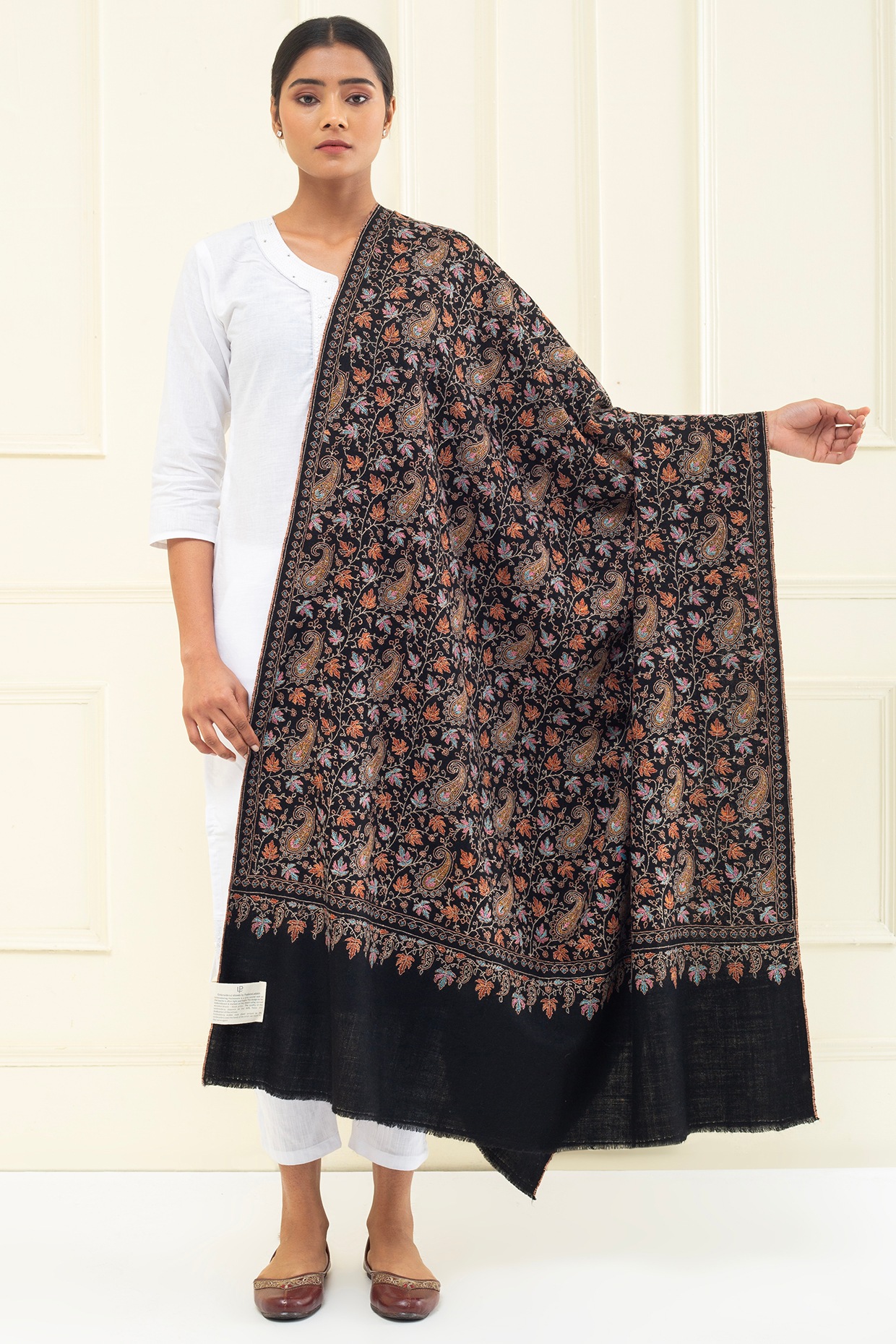 Black Pashmina Hand Embroidered Paisley Jamavar Shawl by Pashme`Ladakh ...