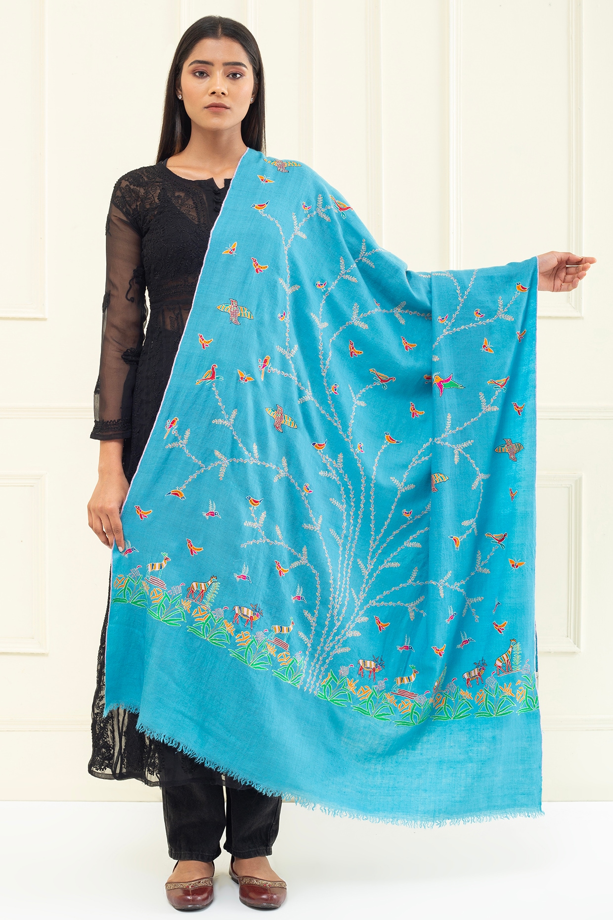 Turquoise Blue Pashmina Hand Embroidered Shawl by Pashme`Ladakh at ...