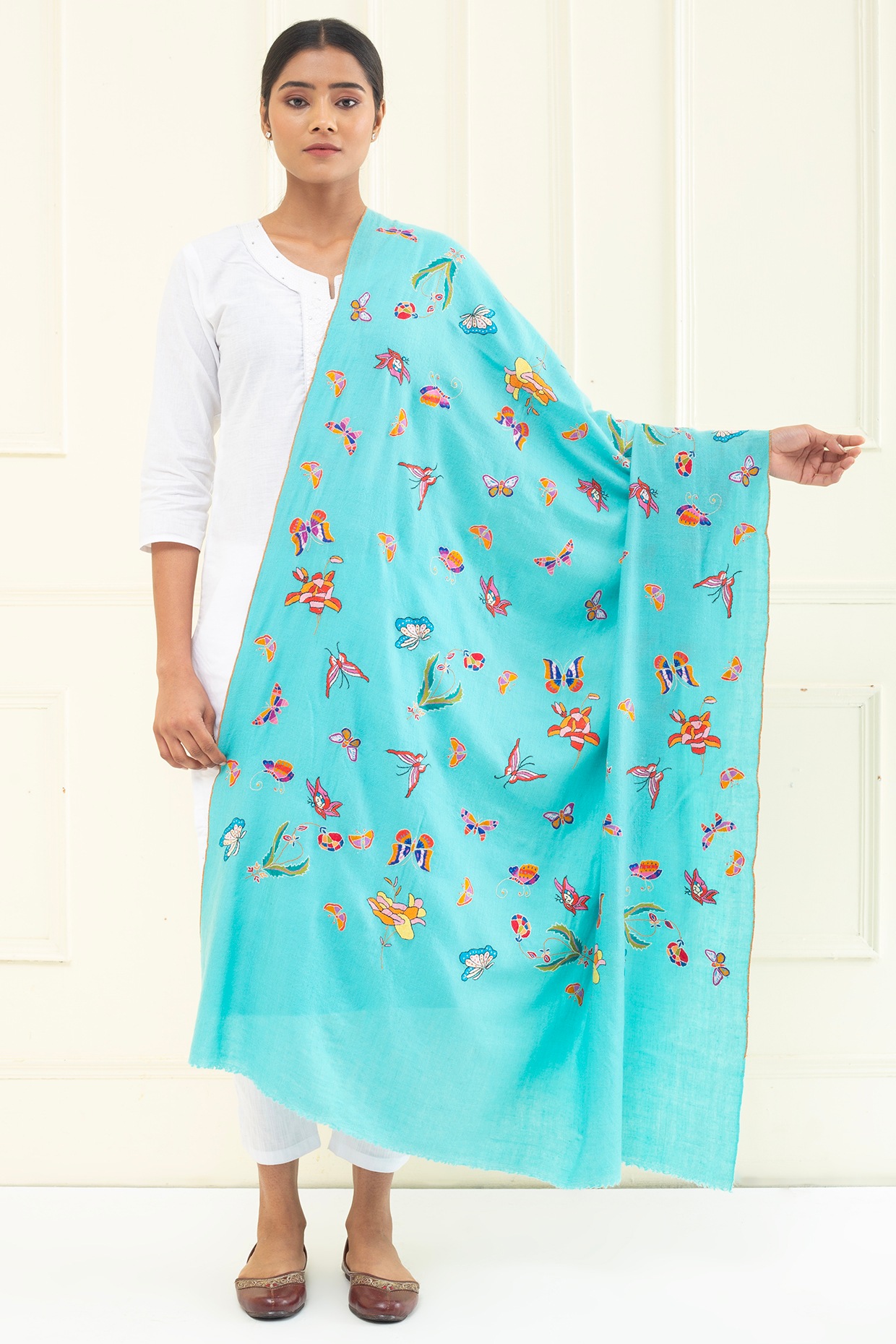 Aqua Blue Pashmina Hand Embroidered Shawl by Pashme`Ladakh at Pernia's ...