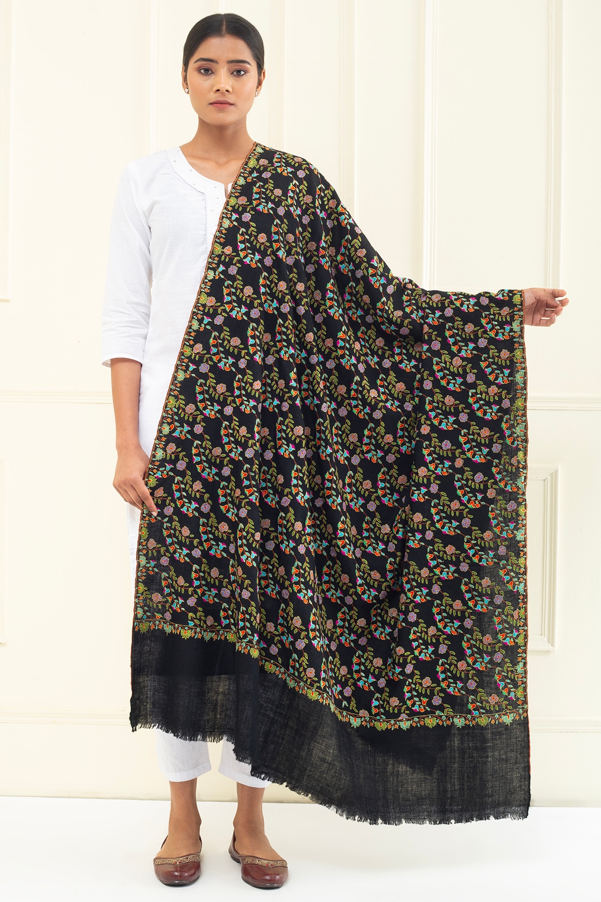 Black Pashmina Hand Embroidered Shawl by Pashme`Ladakh at Pernia's Pop ...