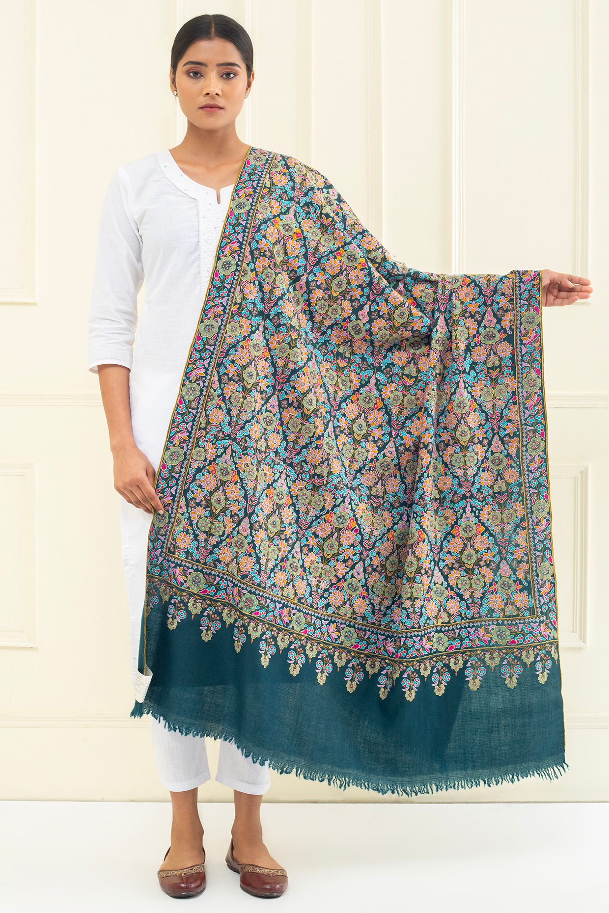 Teal Green Pashmina Hand Embroidered Shawl by Pashme`Ladakh at Pernia's ...