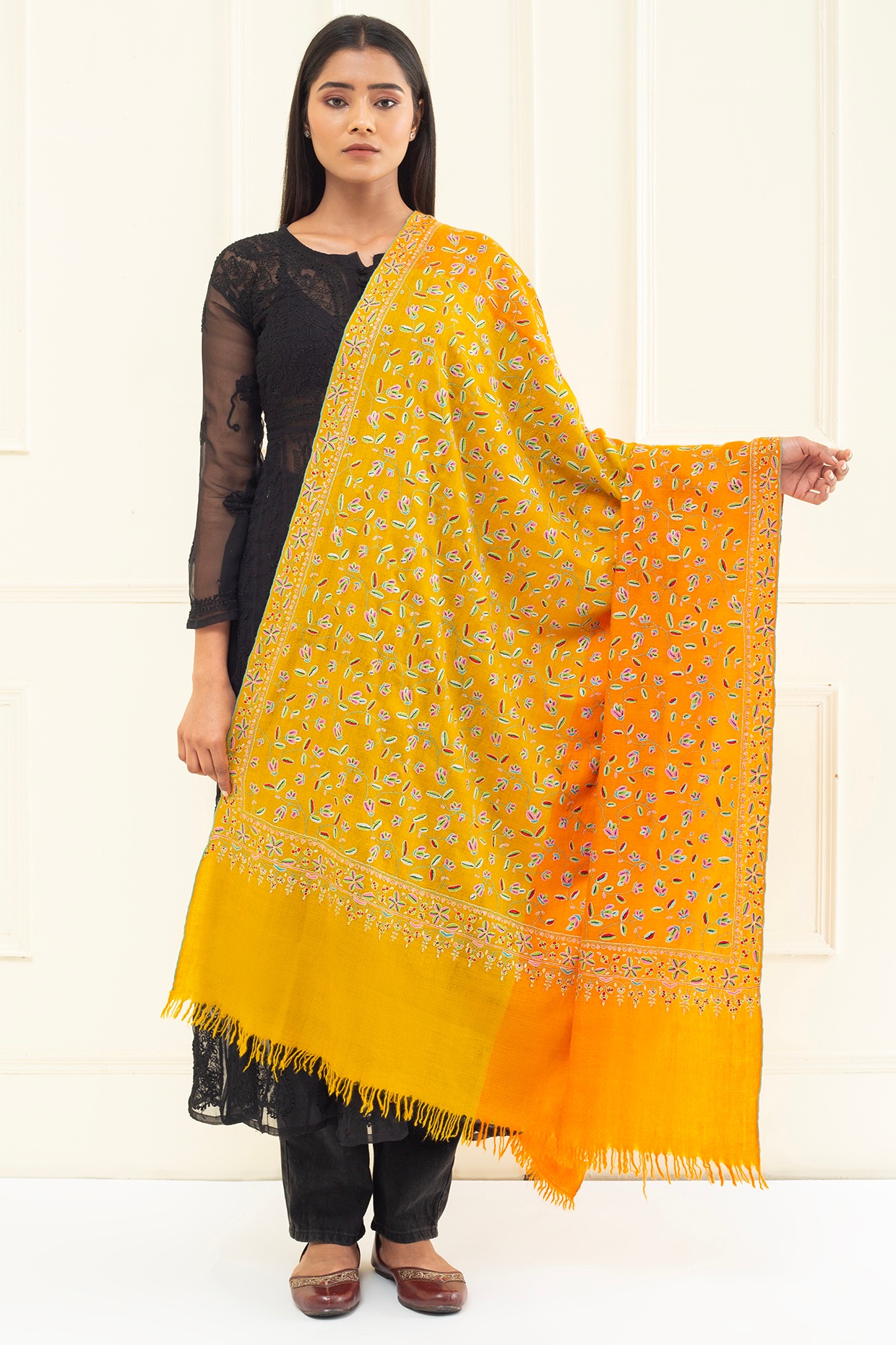 Burnt Orange Pashmina Hand Embroidered Shawl by Pashme`Ladakh at Pernia ...