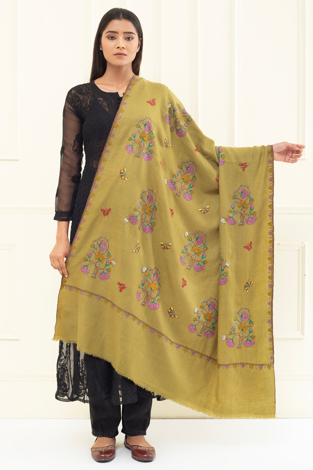Olive Green Pashmina Hand Embroidered Shawl by Pashme`Ladakh at Pernia ...