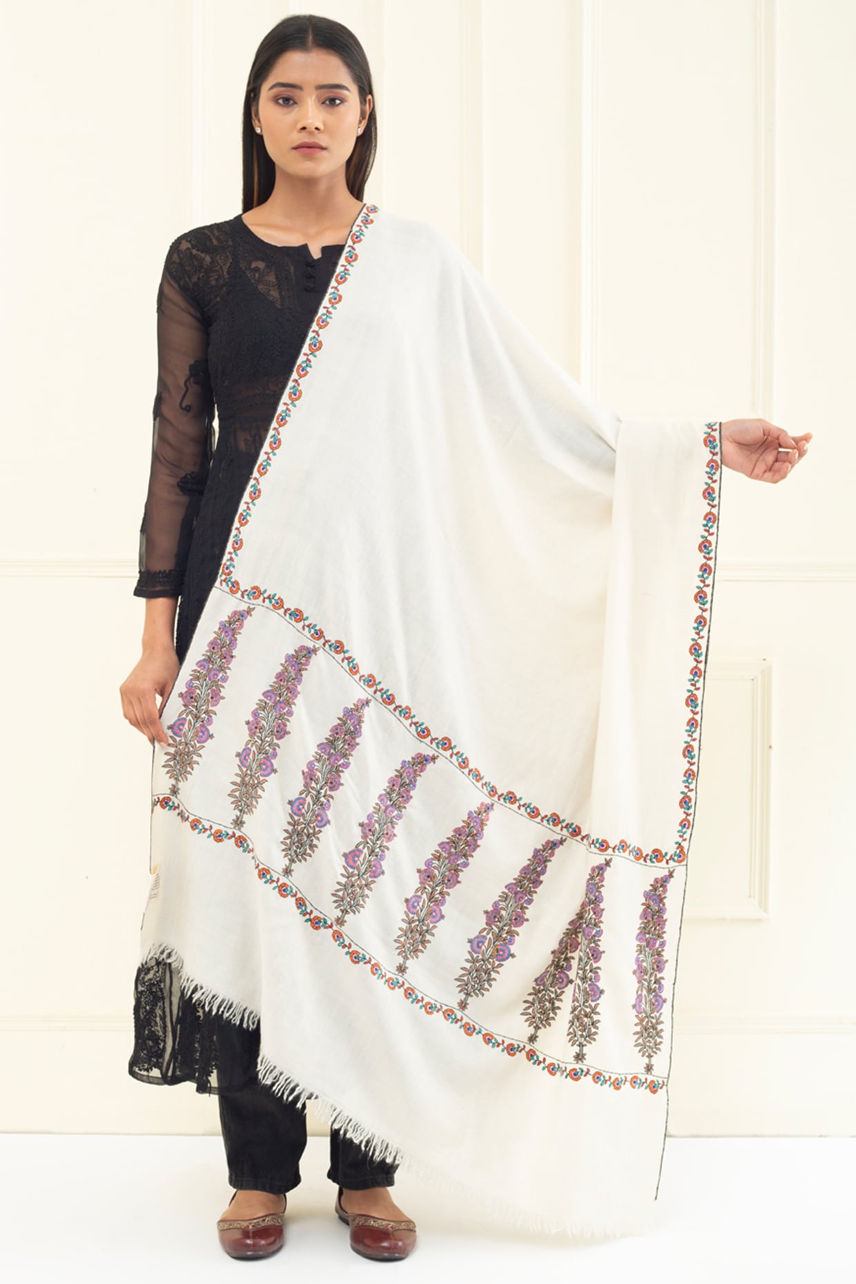 Ivory Pashmina Hand Embroidered Shawl by Pashme`Ladakh at Pernia's Pop ...