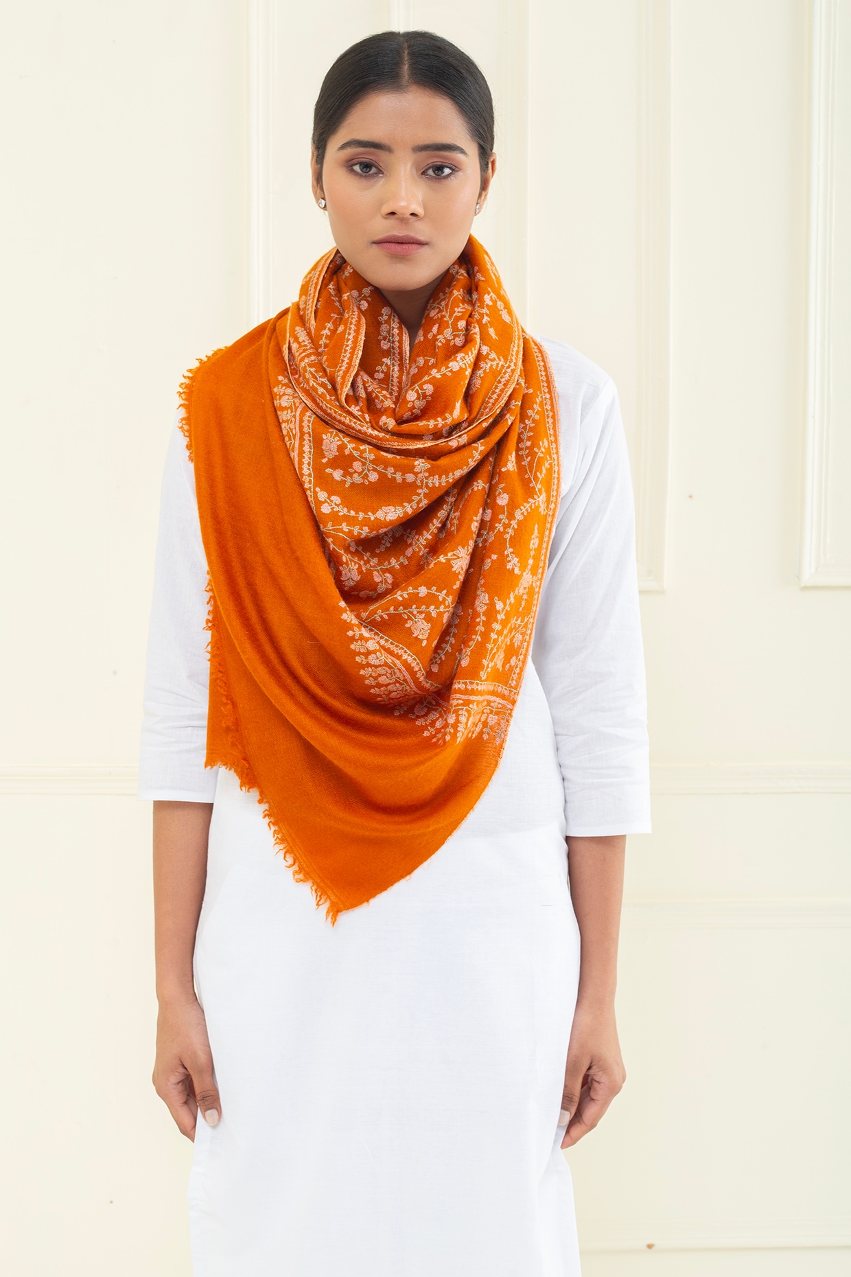 Rust Orange Pashmina Hand Embroidered Shawl by Pashme`Ladakh at Pernia ...