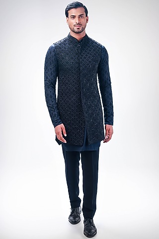 Navy Blue Jacquard Hand Embroidered Bundi Jacket Set by Kommal Sood at ...