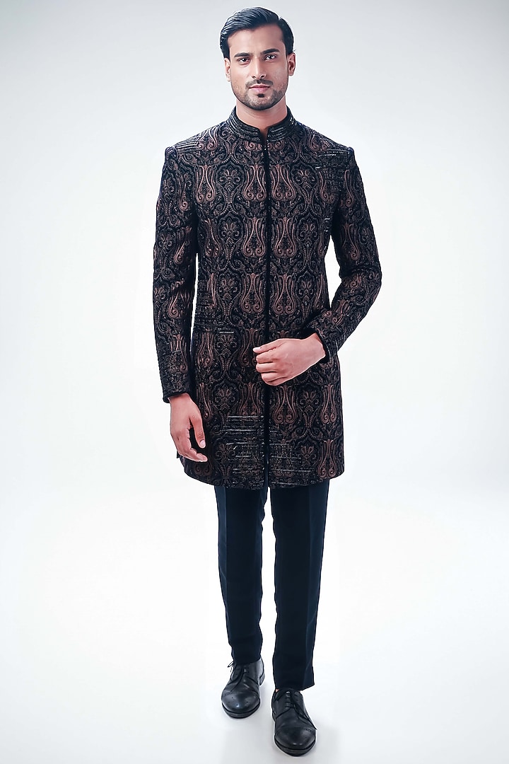 Navy Blue Velvet Cutdana Embroidered Indo-Western Set by Kommal Sood at ...