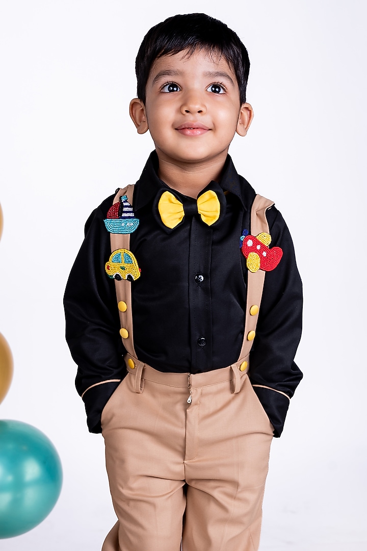 Black Suiting Shirting Bead Embellished Trouser Set For Boys by Little ...