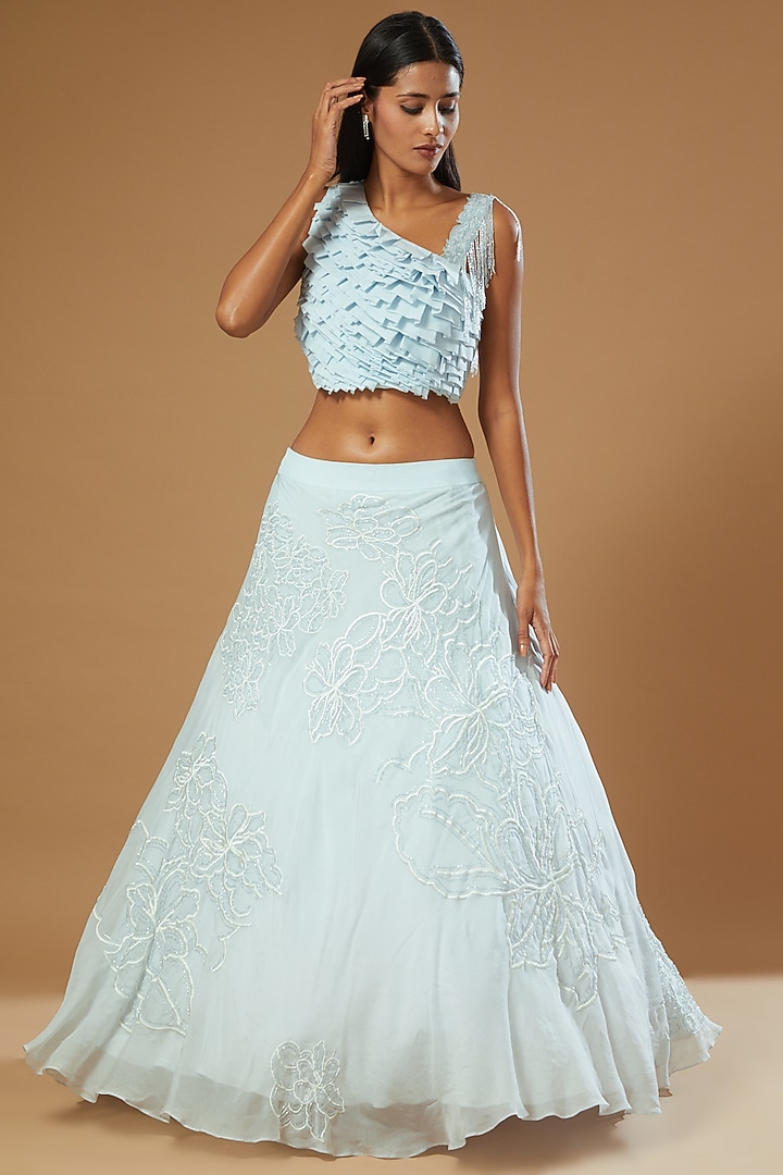 Sky Blue Crepe Embroidered Wedding Lehenga Set by Label Muskan Agarwal ...