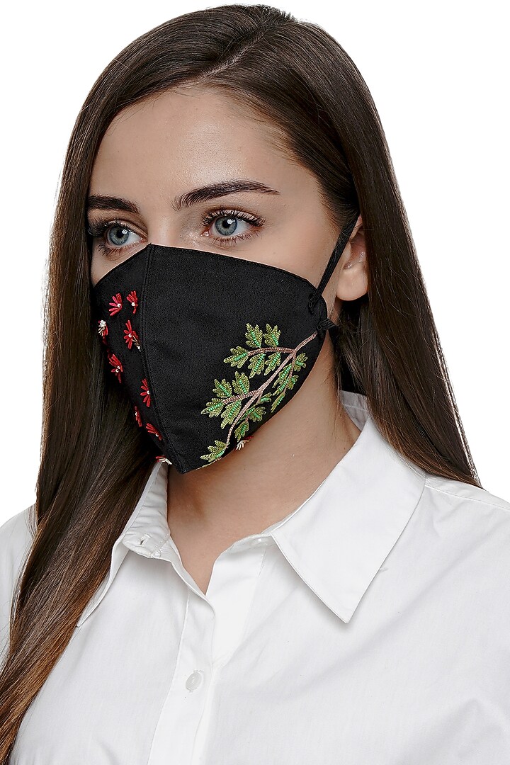 Black Embroidered Antimicrobial Mask With Zip Pouch Design by Limerick ...