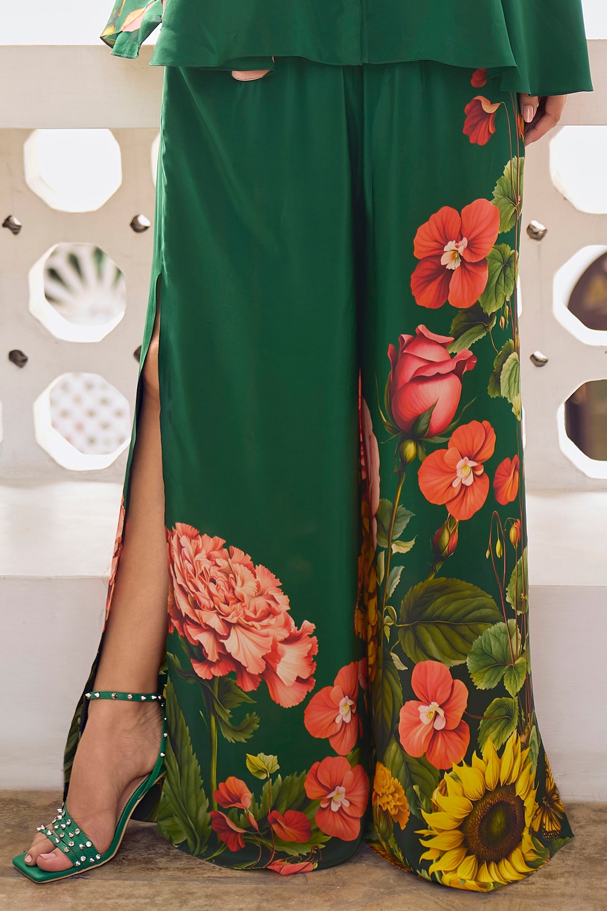 Emerald Green Crepe Floral Printed Flared Pants by Limerick By Abirr N ...