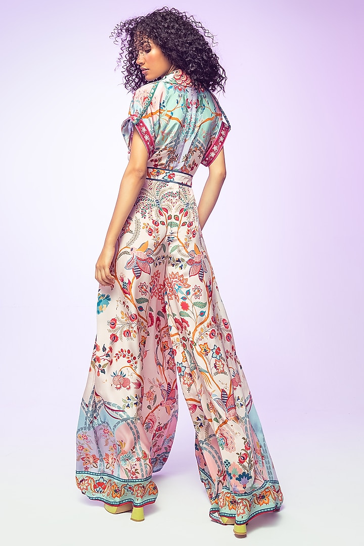 Multi-Colored Crepe Printed & Hand Embroidered Flared Jumpsuit Design ...