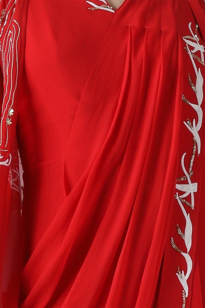 Red embroidered drape saree with cape by Limerick By Abirr N' Nanki at ...