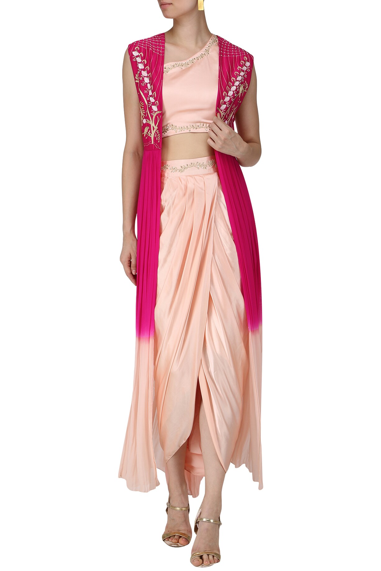 Blush pink embroidered crop top, drape skirt and ombre cape available ...