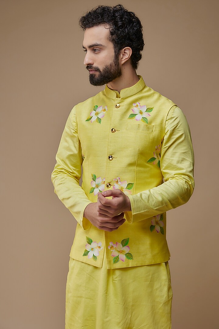 Yellow Raw Silk Hand-Painted Nehru Jacket Set by Label Neha saxena at ...