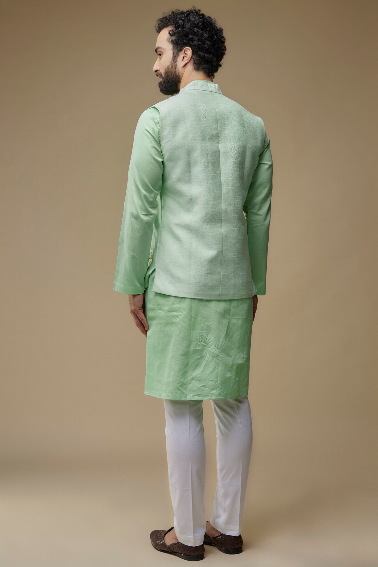 Mint Green Raw Silk Hand-Painted Nehru Jacket Set by Label Neha saxena ...