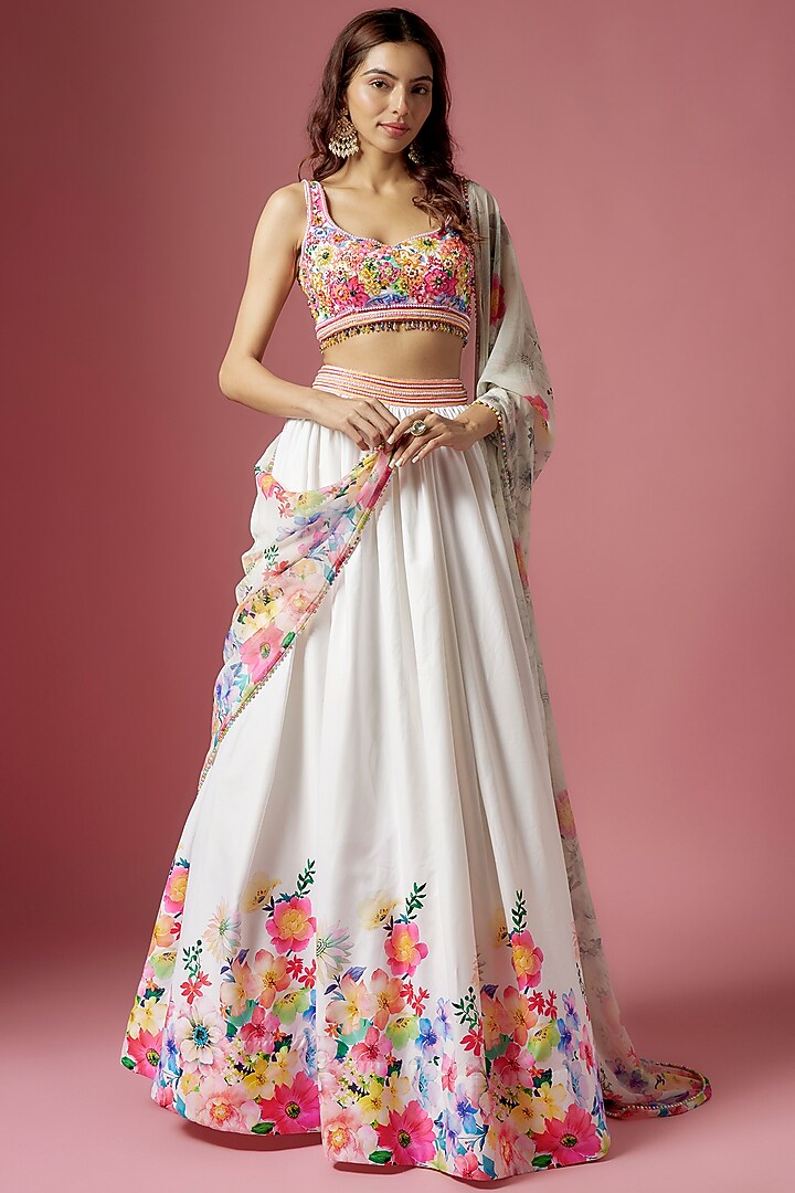 White Satin Floral Printed & Hand Embroidered Wedding Lehenga Set by ...