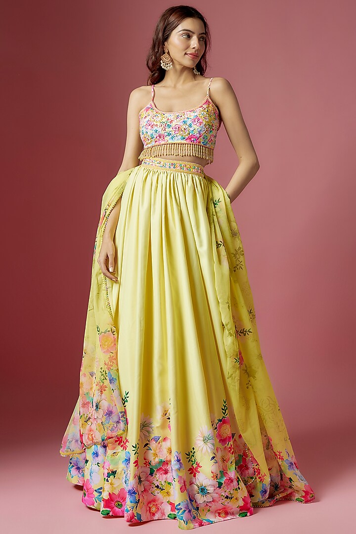 Yellow Viscose Blend Floral Printed & Hand Embroidered Wedding Lehenga ...