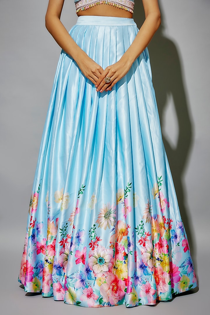 Ice Blue Viscose Blend Floral Printed Lehenga Set by LABEL PRIYANKA KAR ...