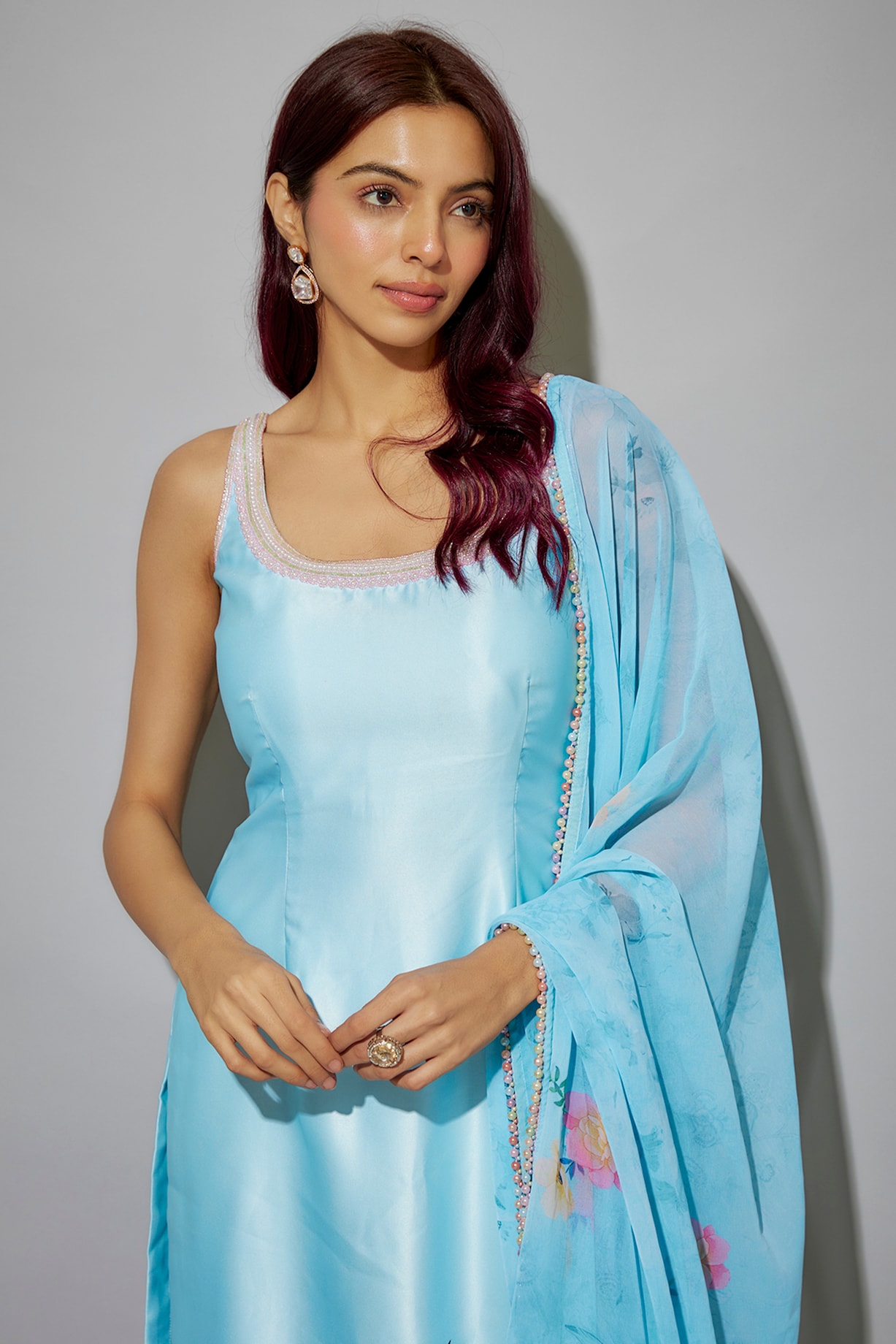 Ice Blue Viscose Blend Floral Printed Kurta Set by LABEL PRIYANKA KAR ...