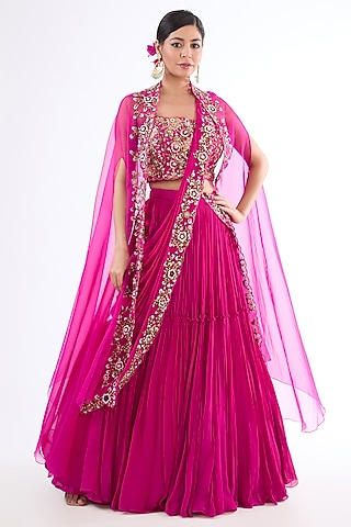 Fuchsia Pink Georgette Hand Embroidered Draped Tiered Wedding Lehenga ...