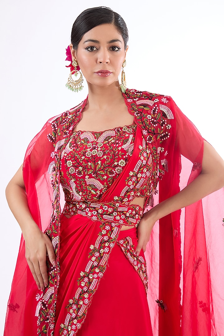 Red Crepe Hand Embroidered Draped Lehenga Set by LASHA at Pernia's Pop ...