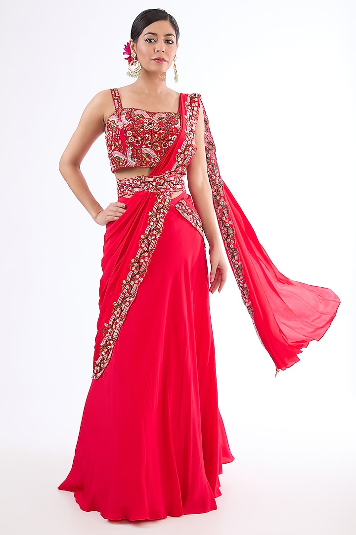 Red Crepe Hand Embroidered Draped Lehenga Set by LASHA at Pernia's Pop ...