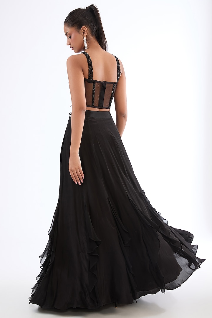 Black Crepe & Organza Ruffled Wedding Lehenga Set by LASHA at Pernia's ...