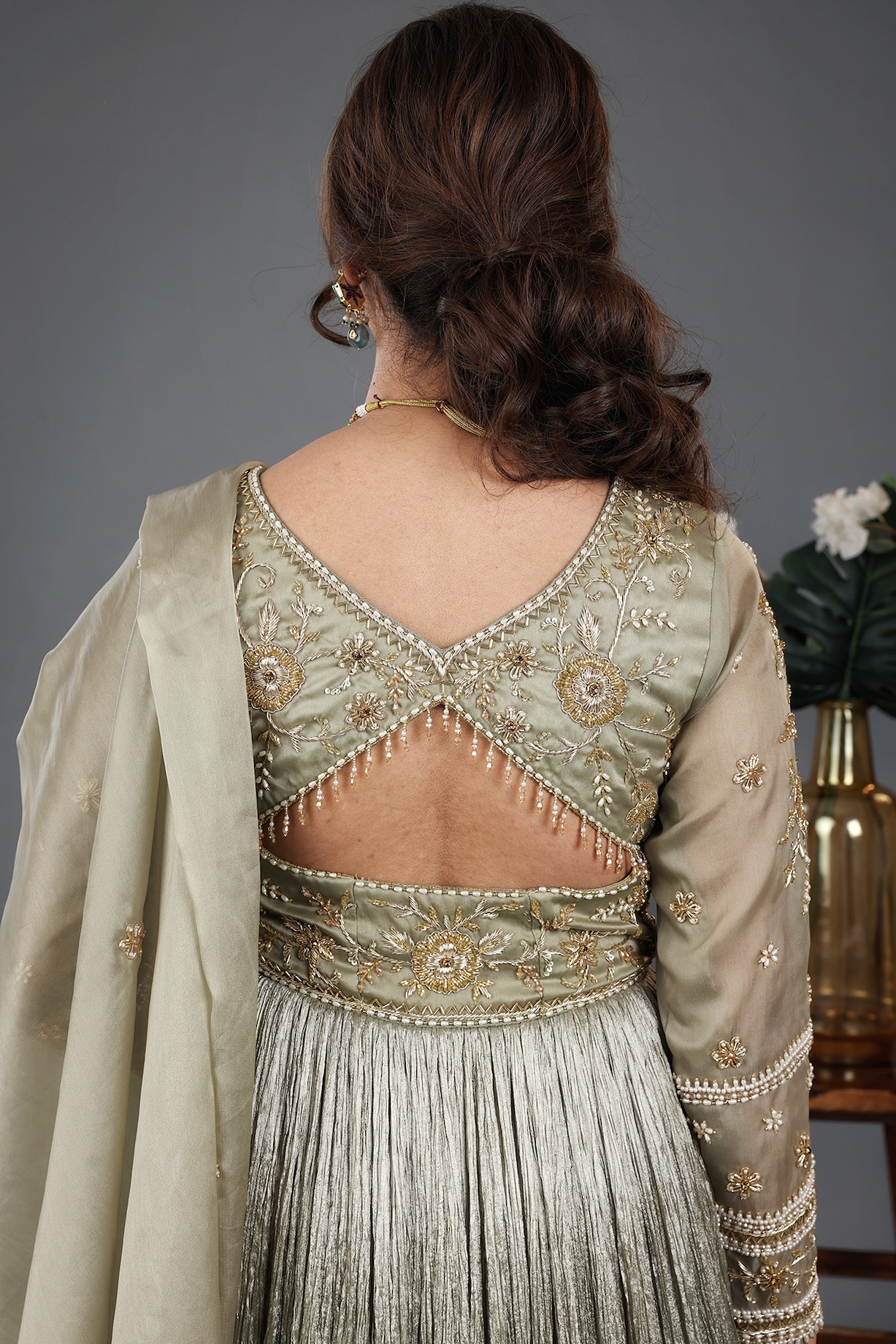 Sage Green Crushed Silk Hand Embroidered Anarkali Set by LASHA at ...