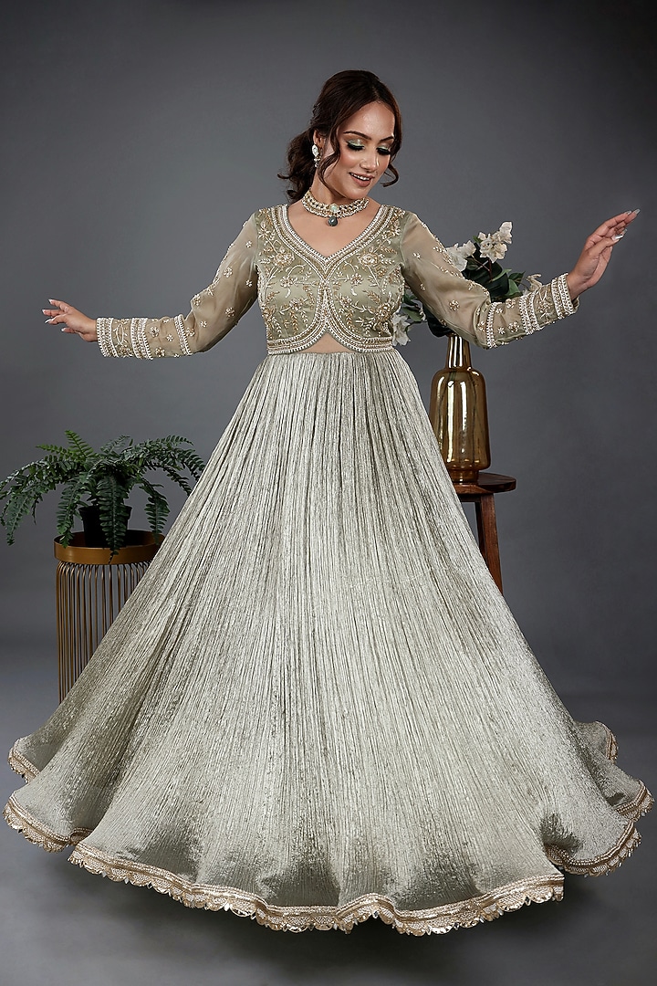 Sage Green Crushed Silk Hand Embroidered Wedding Anarkali Set by LASHA ...