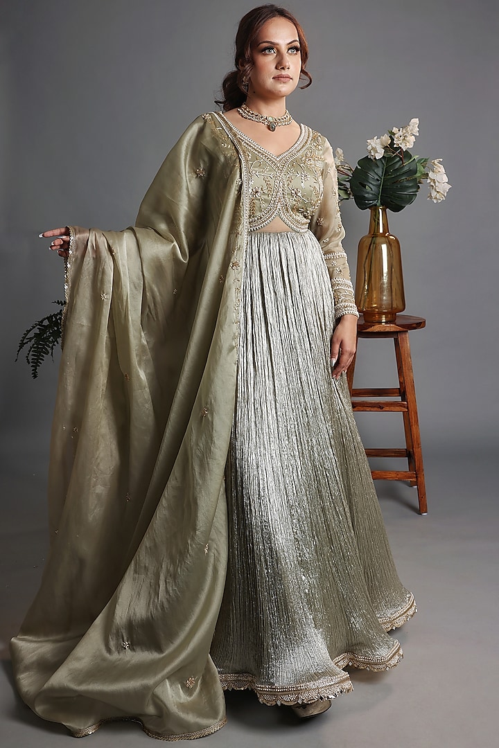 Sage Green Crushed Silk Hand Embroidered Wedding Anarkali Set by LASHA ...