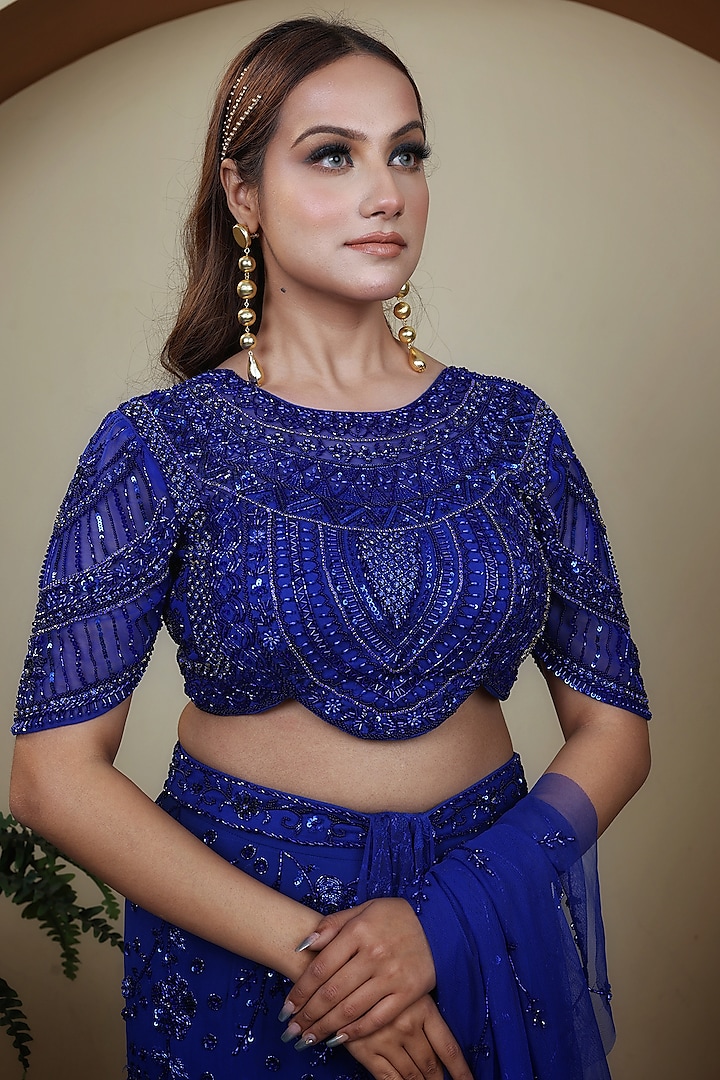 Royal Blue Georgette & Net Draped Fish-Cut Wedding Lehenga Set by LASHA ...