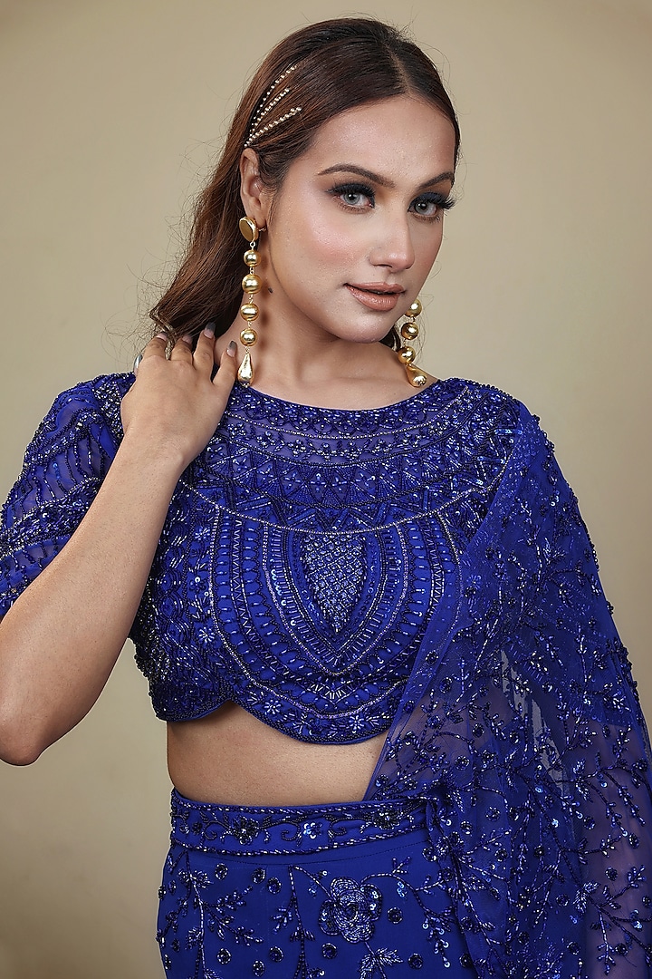 Royal Blue Georgette & Net Draped Fish-Cut Wedding Lehenga Set by LASHA ...