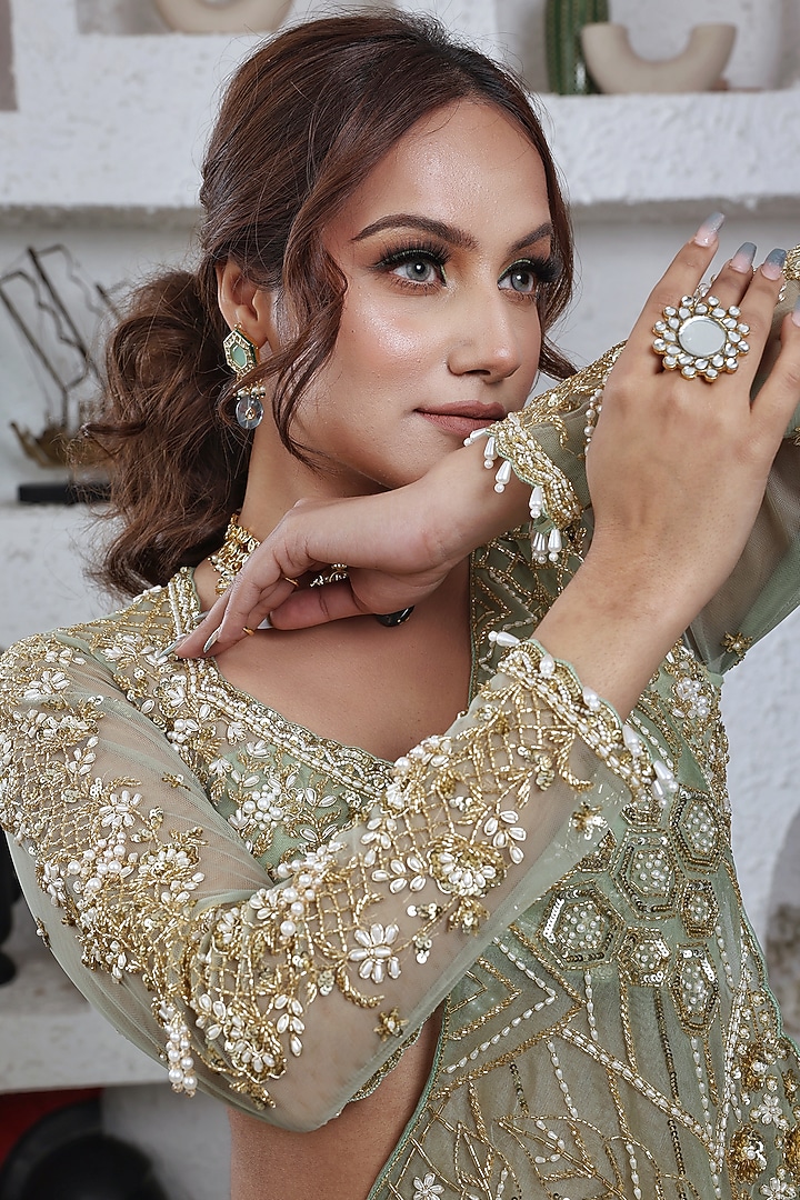 Pista Green Organza Hand Embroidered Pre-Draped Saree Set by LASHA at ...