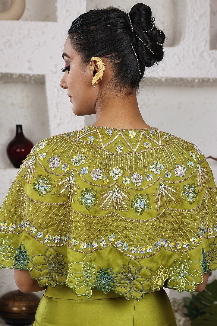 Lime Green Italian Satin Hand Embroidered Cape Set by LASHA at Pernia's ...