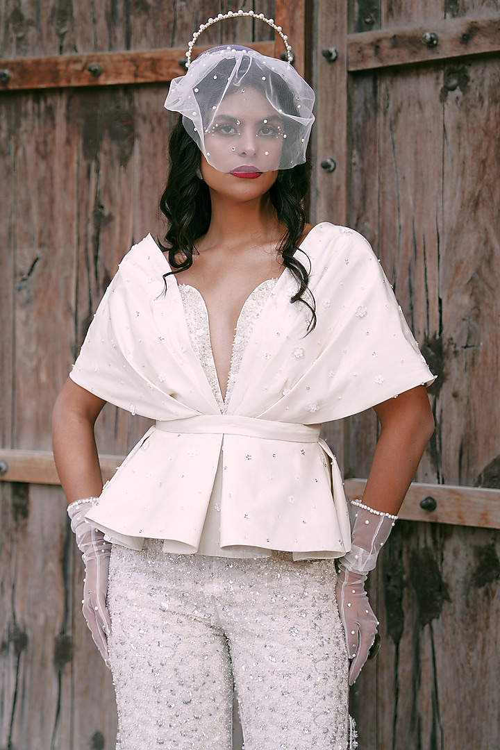 Ivory Silk & Net Paneled Co-Ord Set by LASHA at Pernia's Pop Up Shop 2026